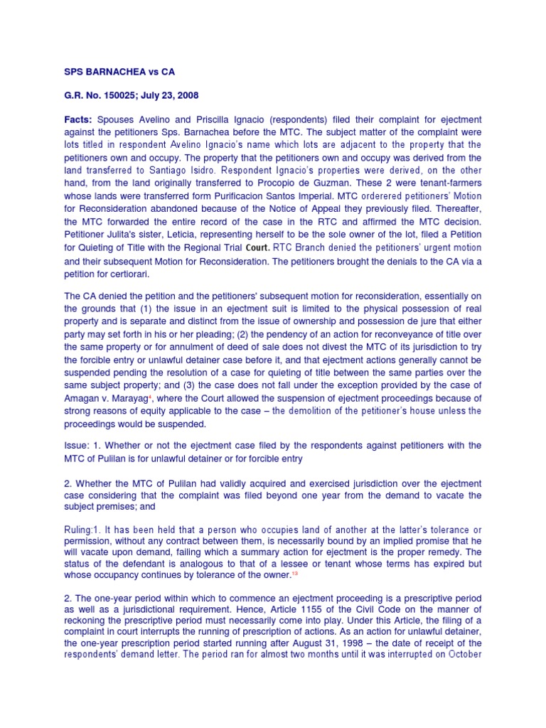 Sps Barnachea Vs CA Digest | PDF | Eviction | Complaint