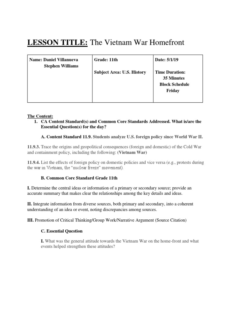 Lesson Plan The Vietnam War Homefront | PDF | Lecture | Vietnam War