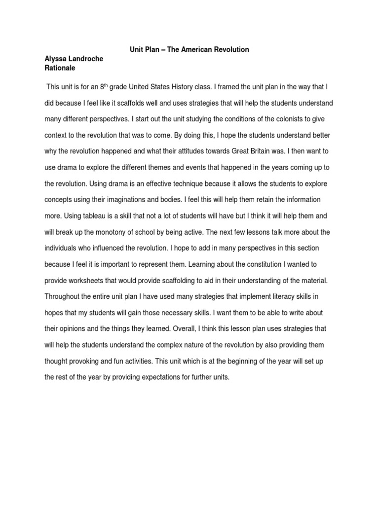 Unit Plan - The American Revolution Alyssa Landroche Rationale | PDF ...