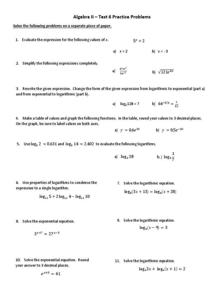 Test 6 - Practice Problems | PDF | Logarithm | Exponential Function