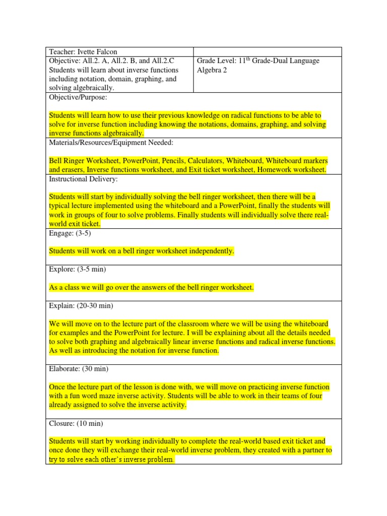 Algebra 2 Inverse Functions Lesson Plan | PDF