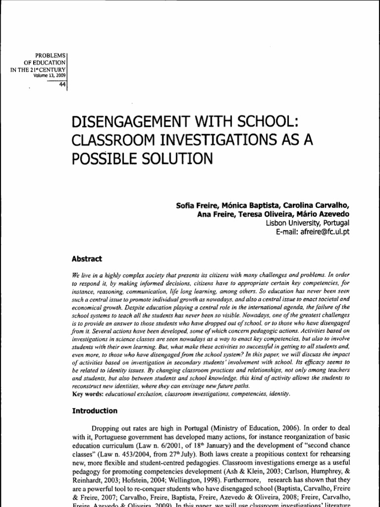 Disengagement With School: Classroom Investigations As A Possible ...