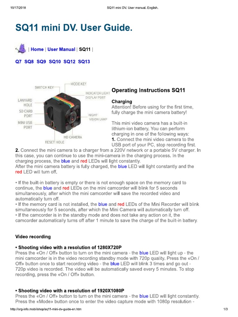 SQ11 Mini DV Camera User Manual | PDF