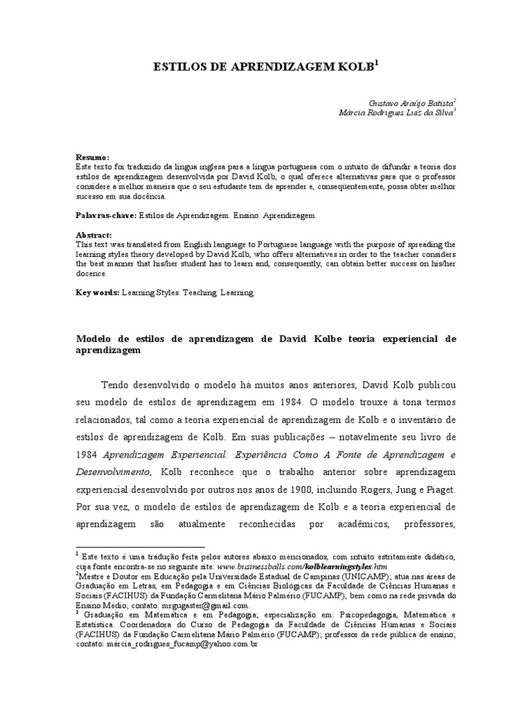 Estilos De Aprendizagem Kolb Pdf Pensamento Aprendizado