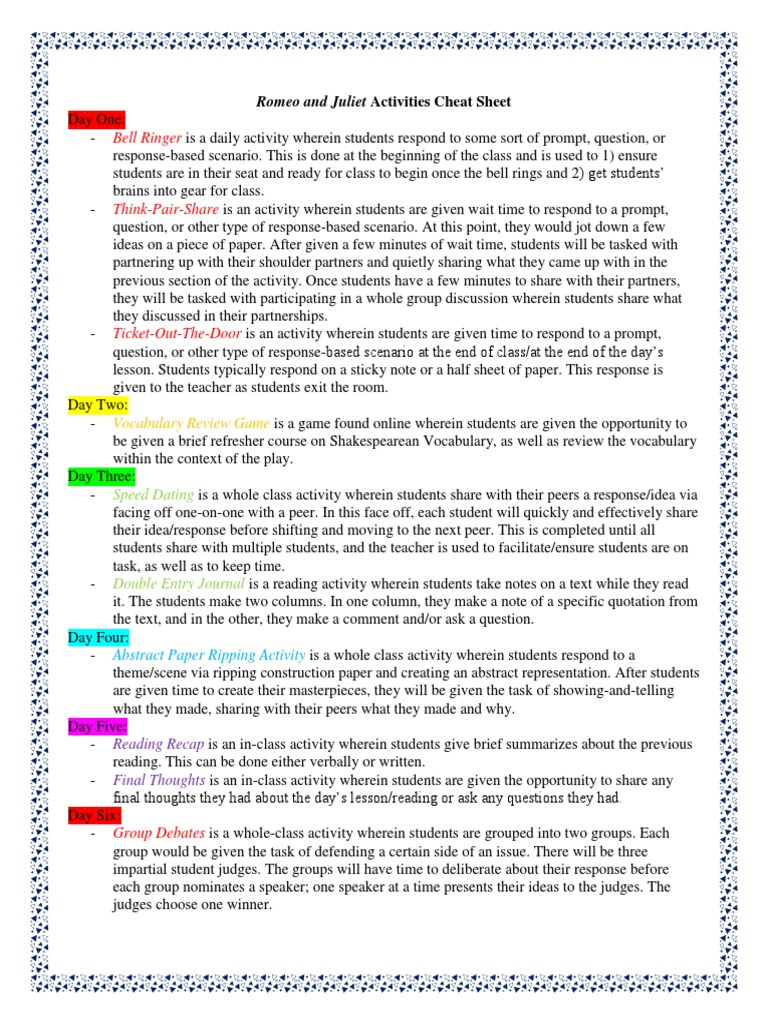 Romeo and Juliet Activities Cheat Sheet | PDF | Psychological Concepts ...