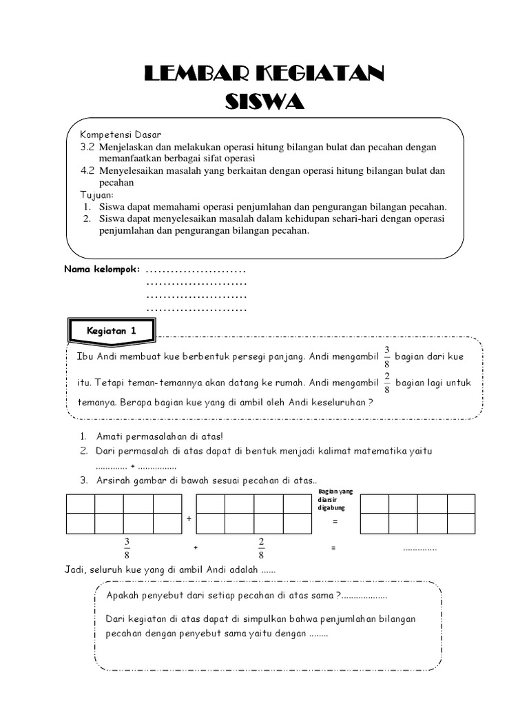 Lks Operasi Penjumlahan Dan Pengurangan Pecahan | PDF