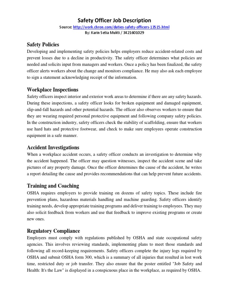 Safety Officer Roles and Responsibilities | PDF | Occupational Safety ...