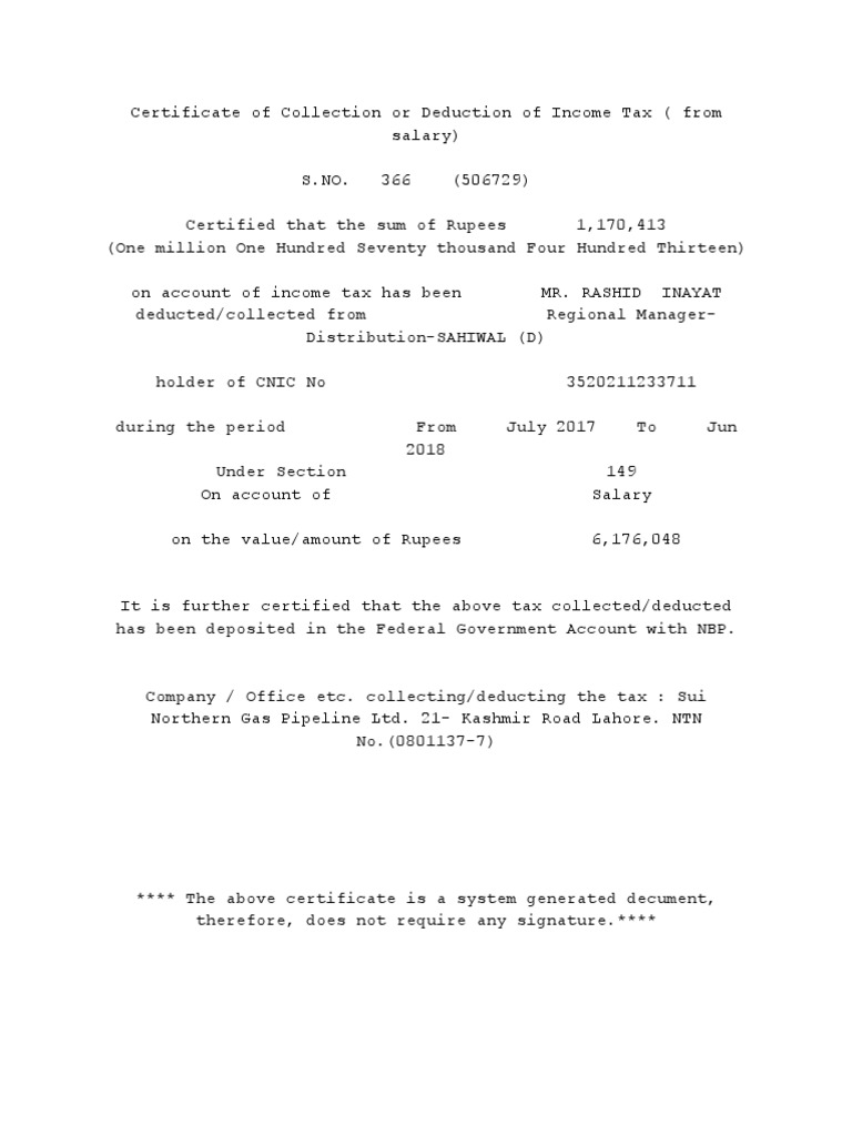 Certificate of Collection or Deduction of Income Tax | PDF