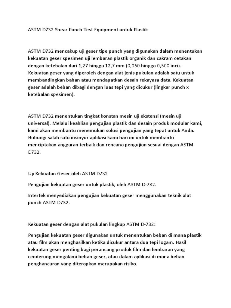ASTM D732 Shear Punch Test Equipment Untuk Plastik | PDF