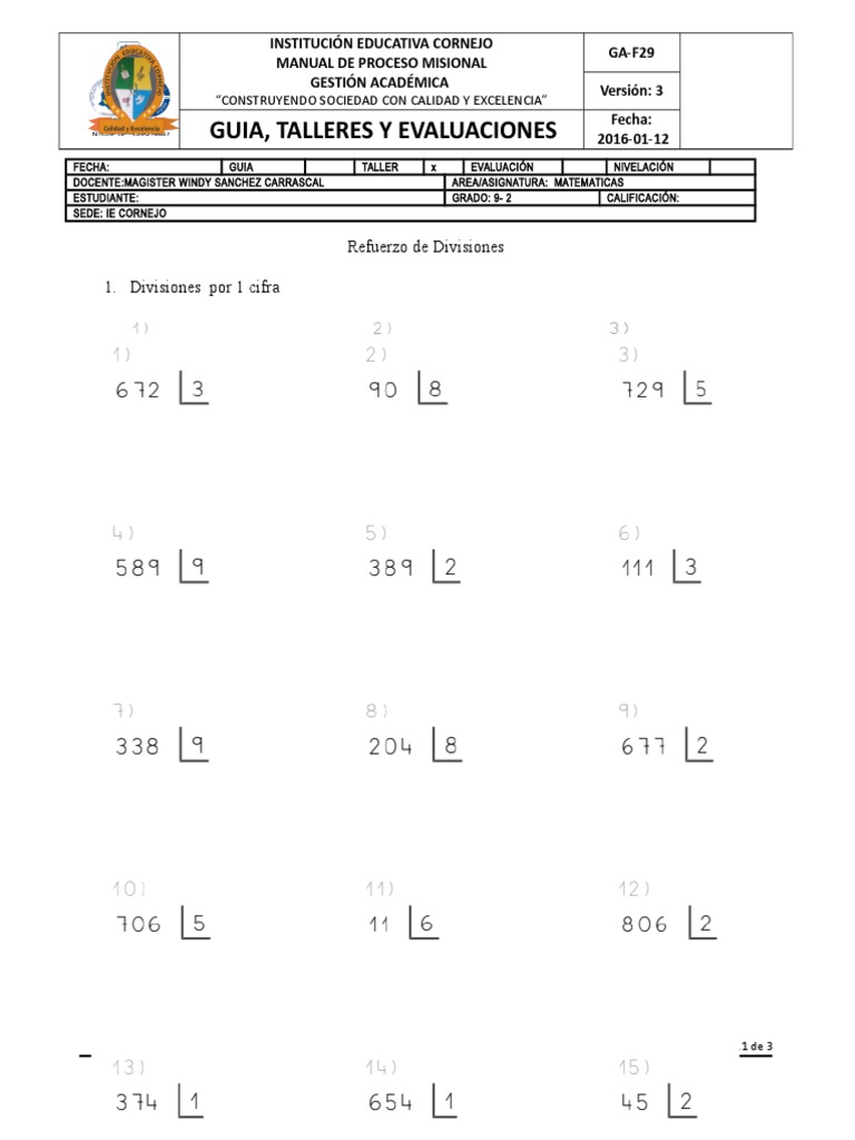Guía de divisiones matemáticas grado 9 | PDF | Cambio | Aprendizaje
