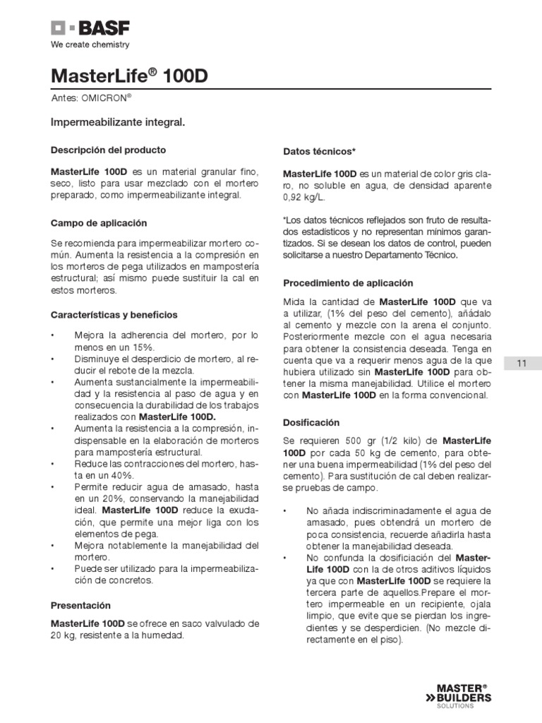 MasterLife 100D | PDF | Hormigón | Cemento