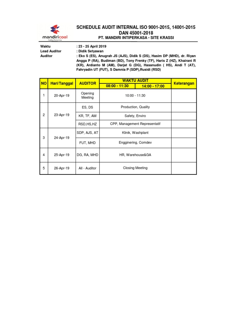 Schedule Audit Internal Iso 9001-2015, 14001-2015 Dan 45001-2018 | PDF