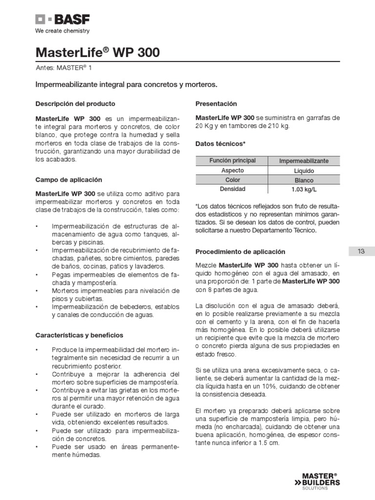 MasterLife WP 300 | PDF | Hormigón | Materiales de construcción