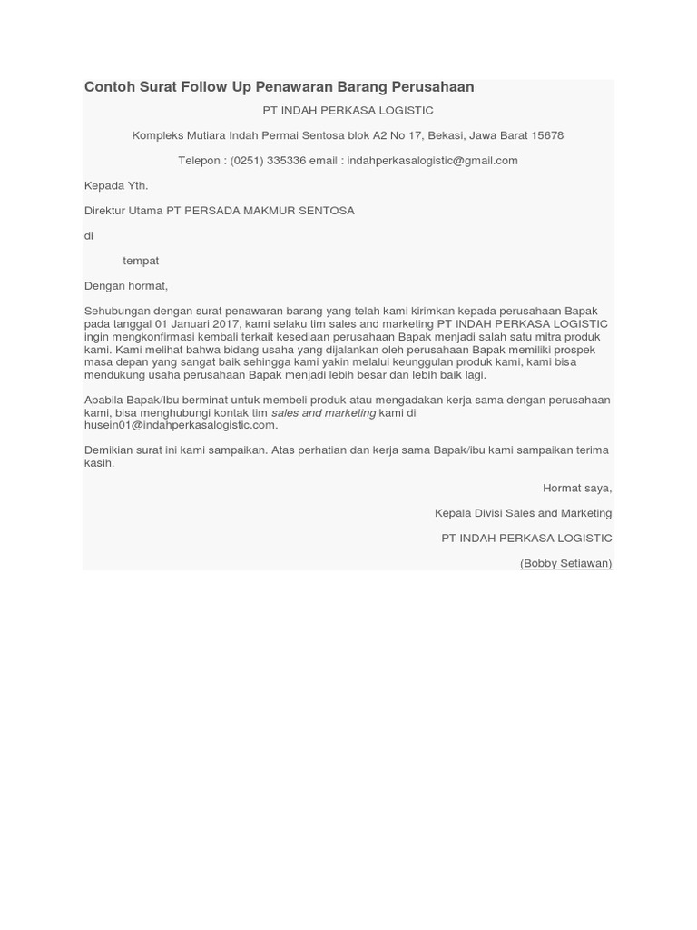 Contoh Surat Follow Up Penawaran | PDF