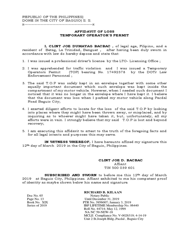 Affidavit of Loss Temporary Operator'S Permit | PDF | Legal Documents ...