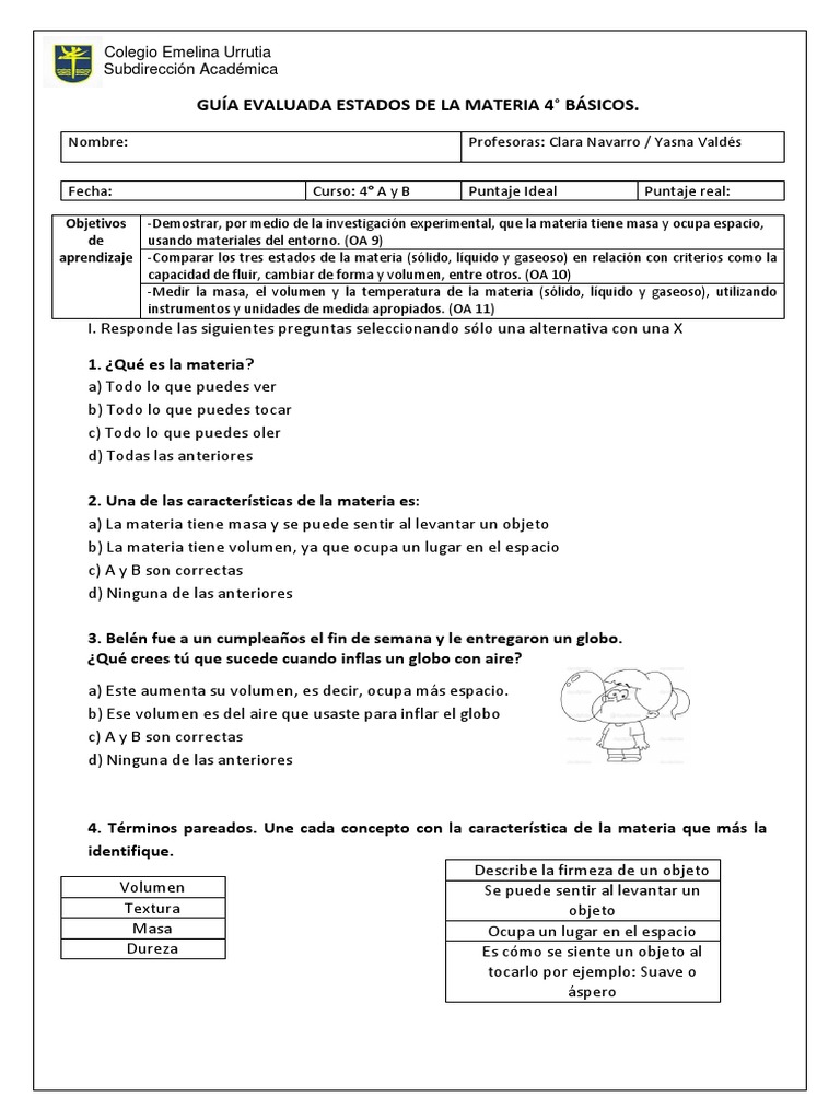 Guía Evaluada Estados de La Materia 4 | PDF | Gases | Líquidos
