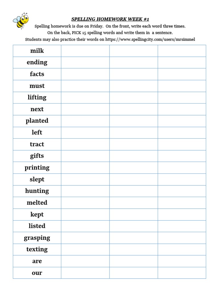 Spelling Homework Week 1 Instructions | PDF