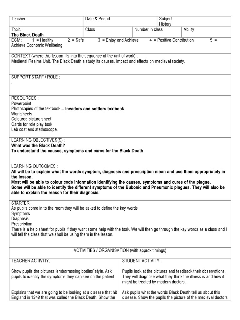 Black Death Lesson Plan 2 | PDF | Black Death | Medical Diagnosis