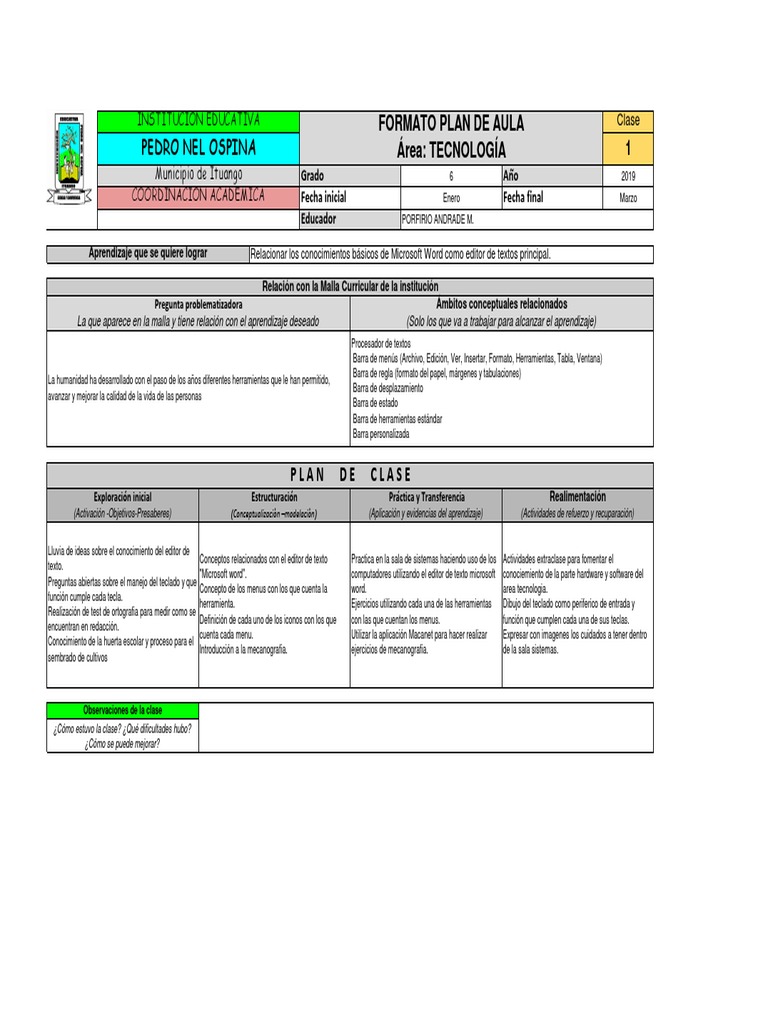 Plan de Aula: Tecnología en Ituango | PDF | Número Real | Números