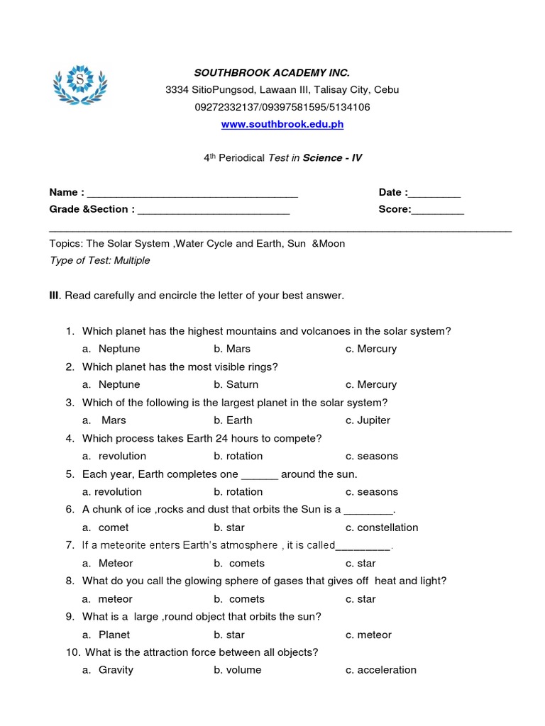 Name: - Date: - Grade §ion: - Score | PDF | Water Vapor | Solar System