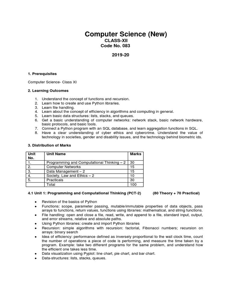 Computer Science (New) : Class-Xii Code No. 083 2019-20 | PDF ...