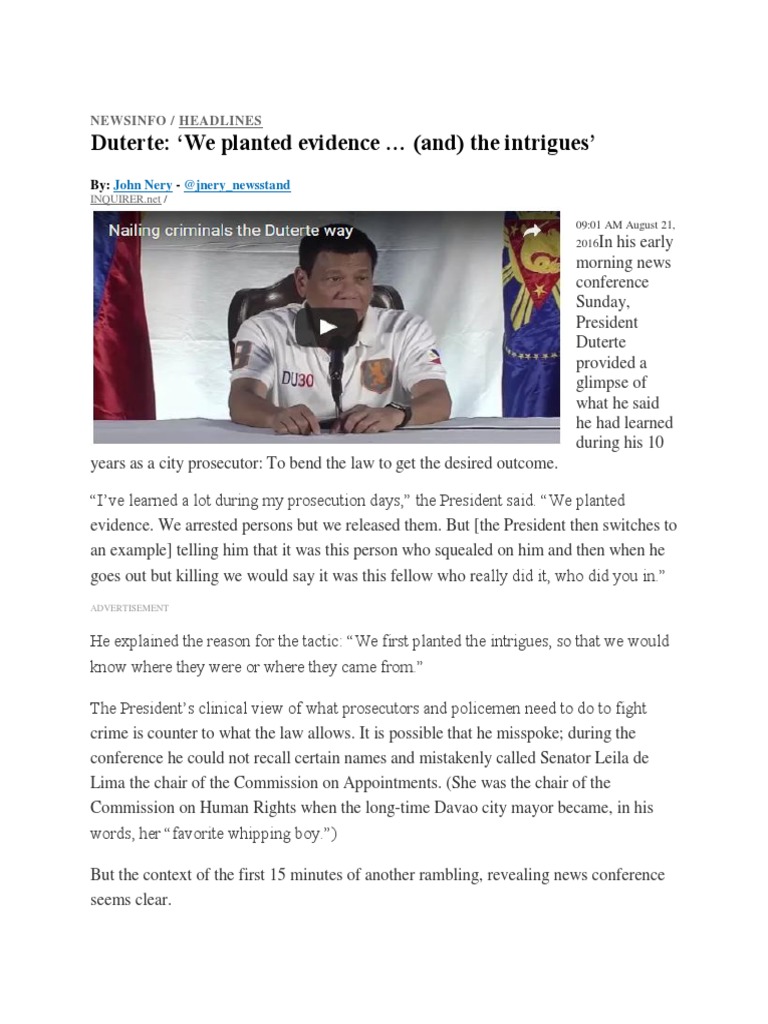 Duterte: We Planted Evidence (And) The Intrigues': John Nery @jnery - Newsstand | PDF | Rodrigo ...