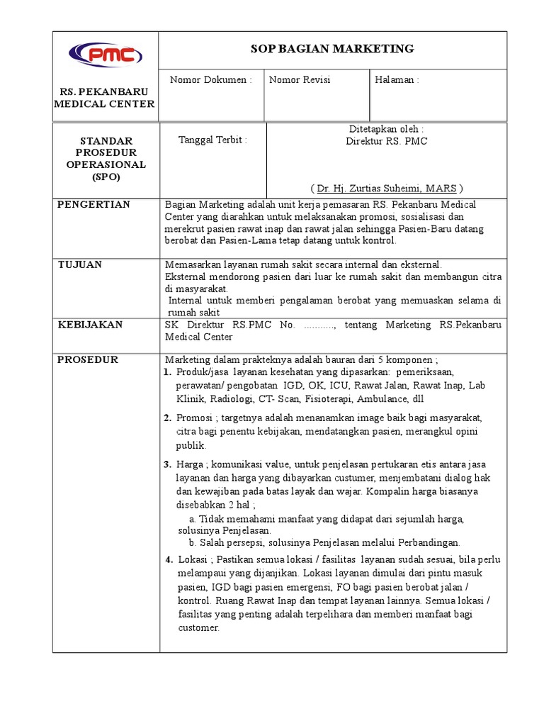 SOP Pemasaran RS Pekanbaru Medical Center | PDF