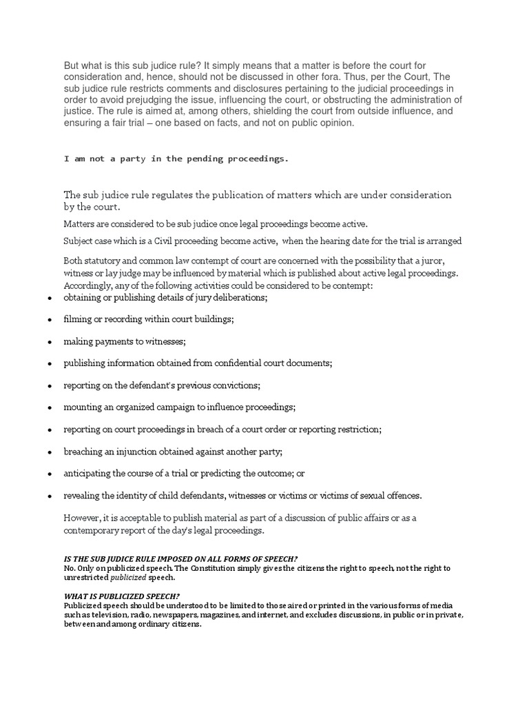 An Explanation of the Sub Judice Rule and its Limitations on Publicized ...