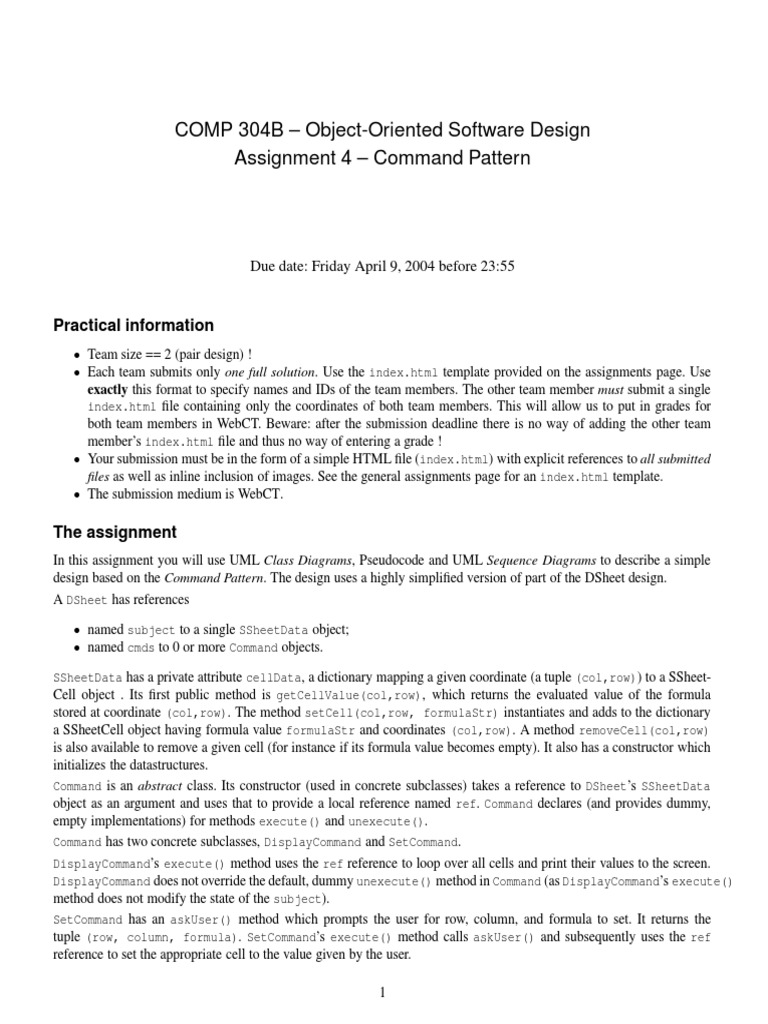 Comp 304b Object Oriented Software Design Assignment 4 Command Pattern Pdf Method