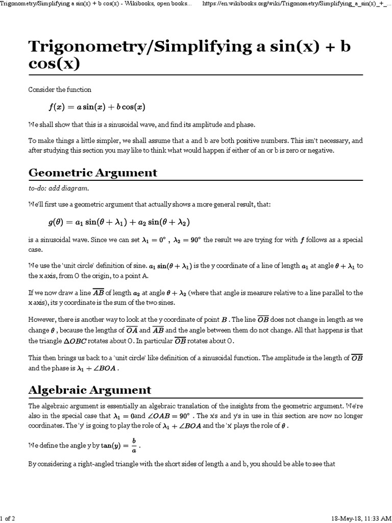 Sum of A Sin X +B Cos X | PDF | Trigonometric Functions | Sine