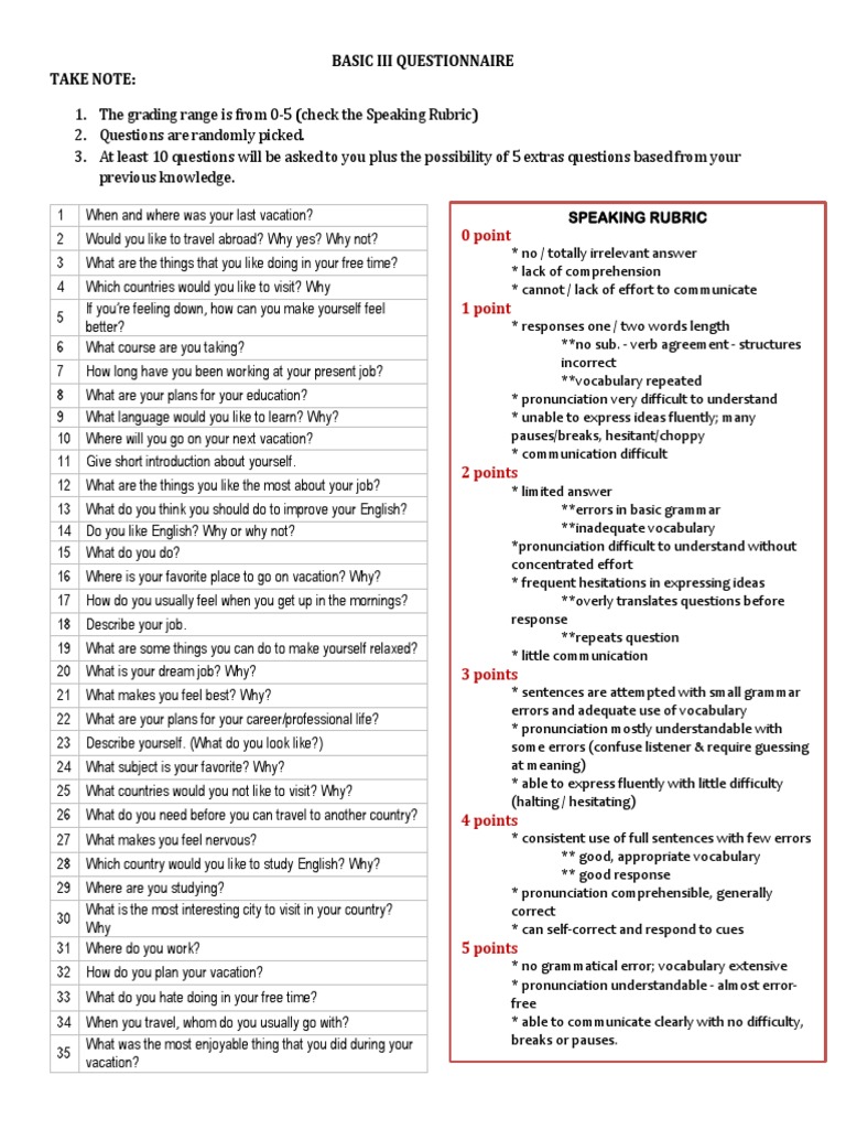 Basic Iii Questionnaire - Students | PDF | Vocabulary | English Language