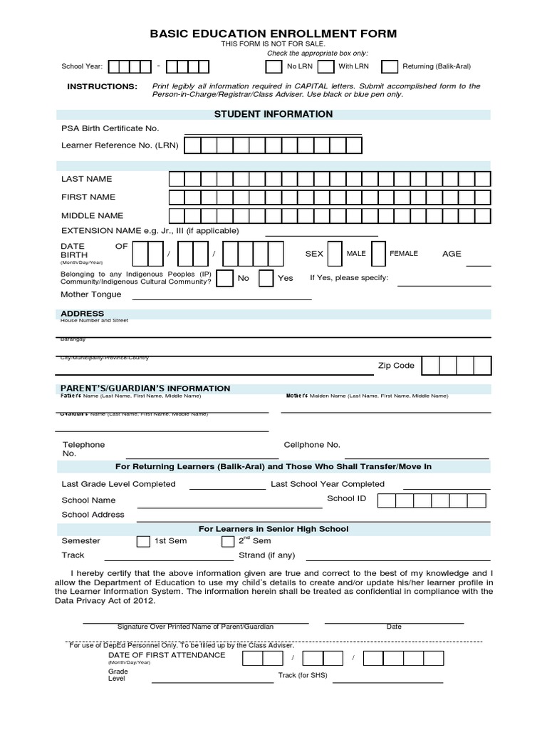 Basic Education Enrollment Form: Instructions | PDF | Birth Certificate ...