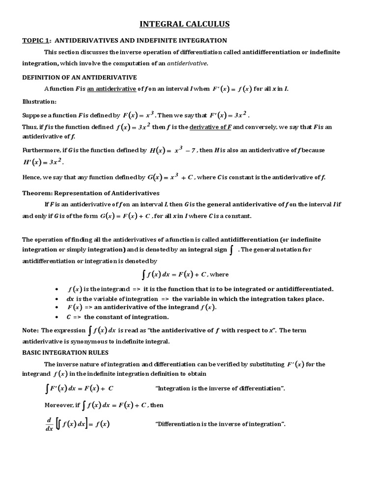 Integral Calculus: Topic 1: Antiderivatives and Indefinite Integration | Download Free PDF ...