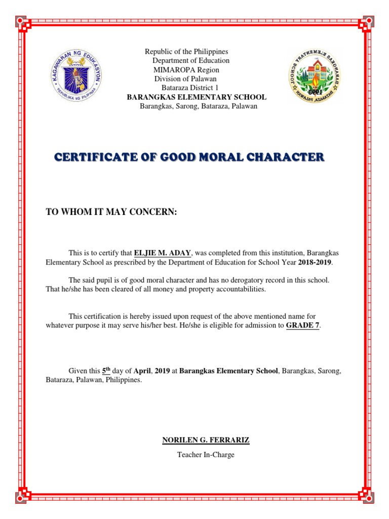 Certificate of Good Moral Character | PDF