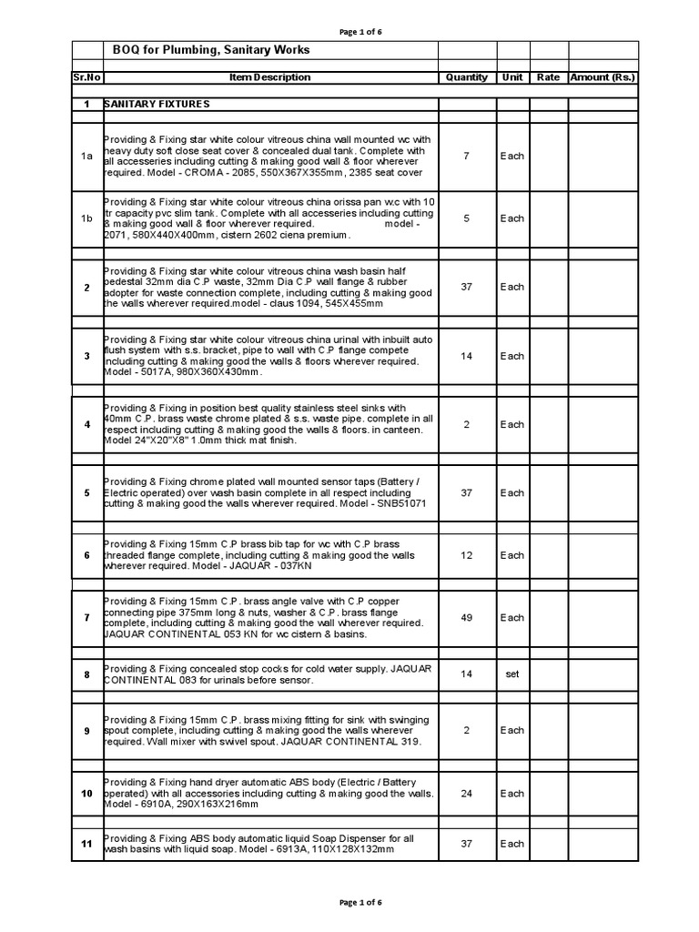 BOQ For Plumbing Sanitary Works | PDF | Mortar (Masonry) | Structural Steel