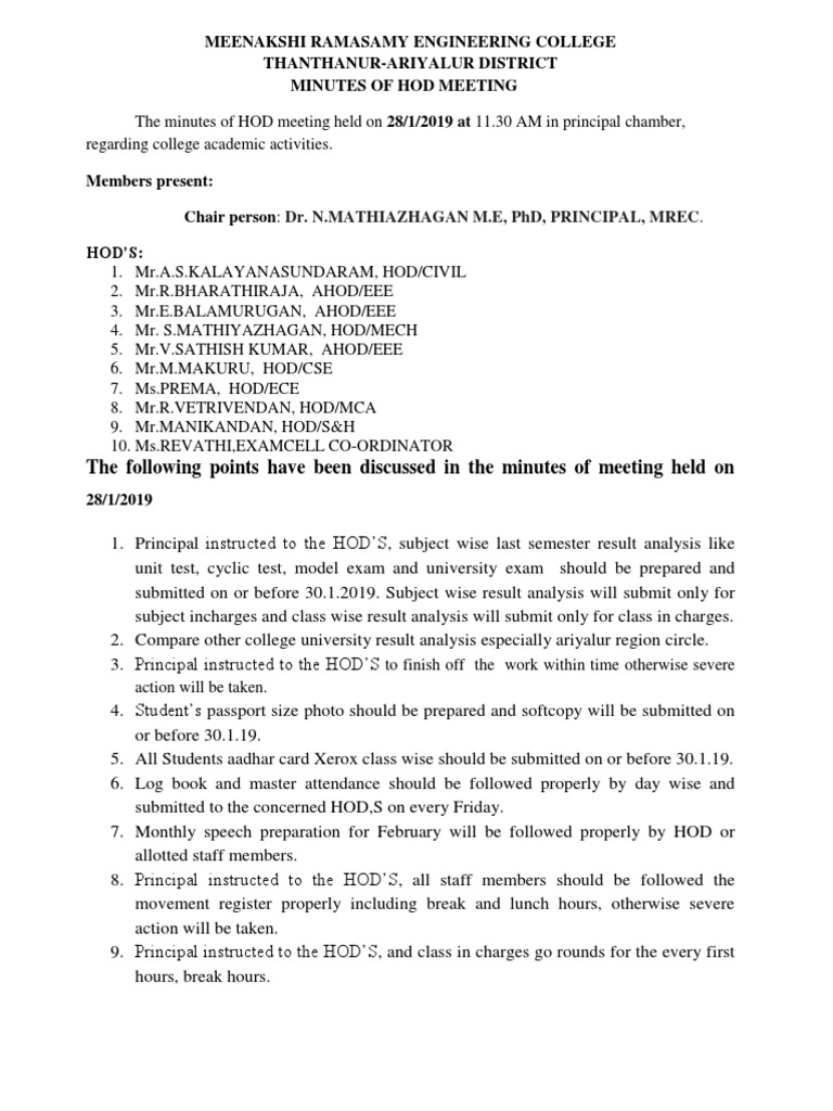 The Following Points Have Been Discussed in The Minutes of Meeting Held ...