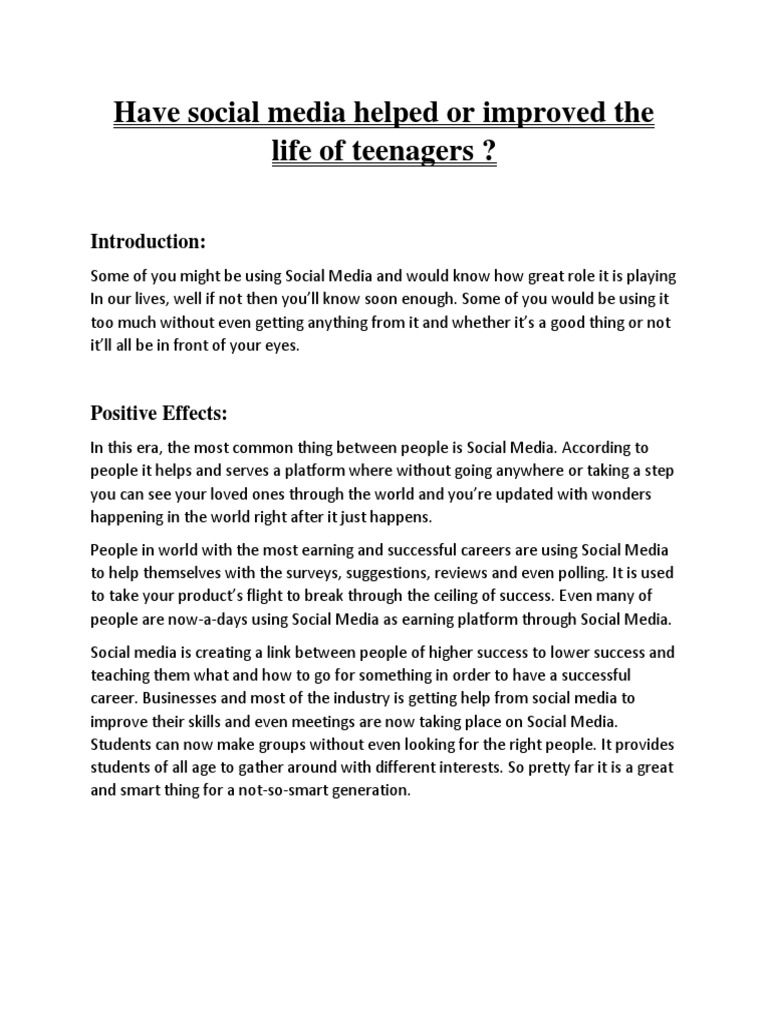 Have Social Media Helped or Improved The Life of Teenagers ? | PDF ...