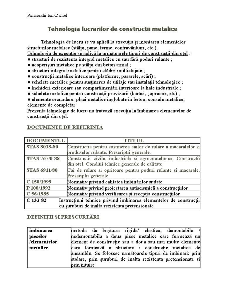 Tehnologia Lucrarilor de Constructii Metalice | PDF