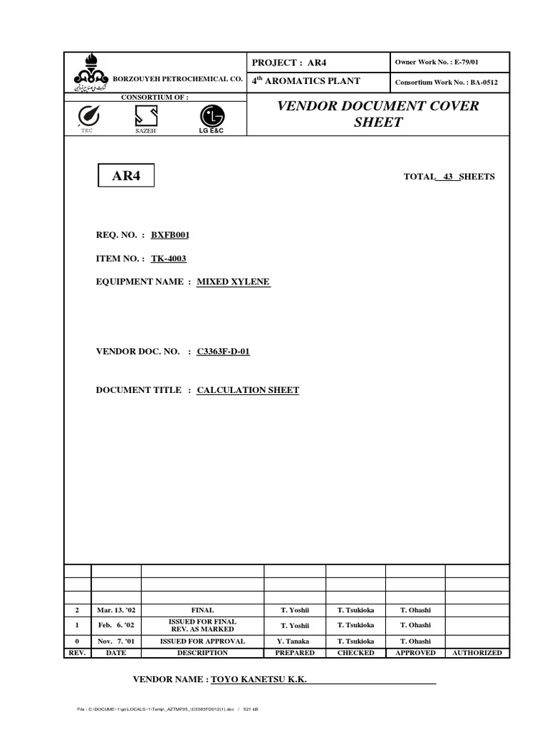Vendor Document Cover Sheet: Project: Ar4 4 Aromatics Plant | PDF ...