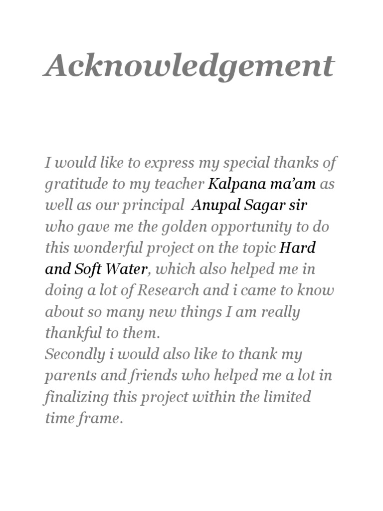 Acknowledgement: Kalpana Ma'am Anupal Sagar Sir Hard and Soft Water | Download Free PDF ...
