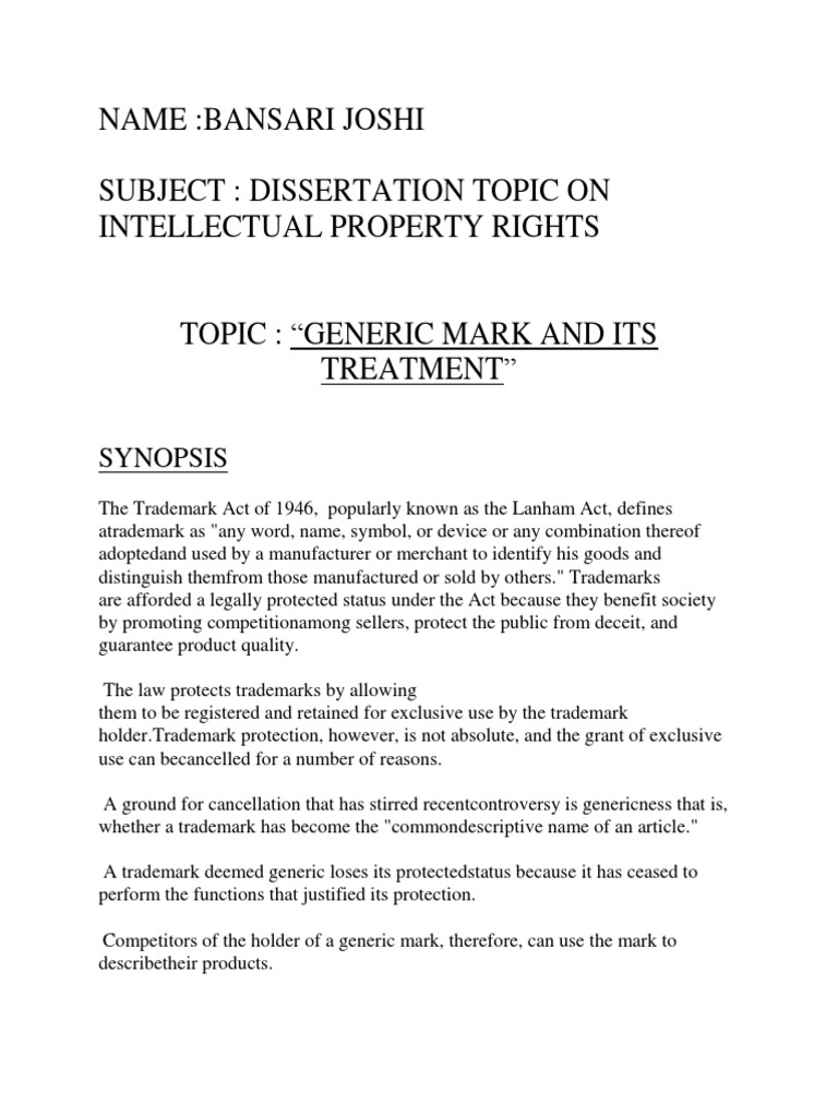 Name:Bansari Joshi Subject: Dissertation Topic On Intellectual Property ...