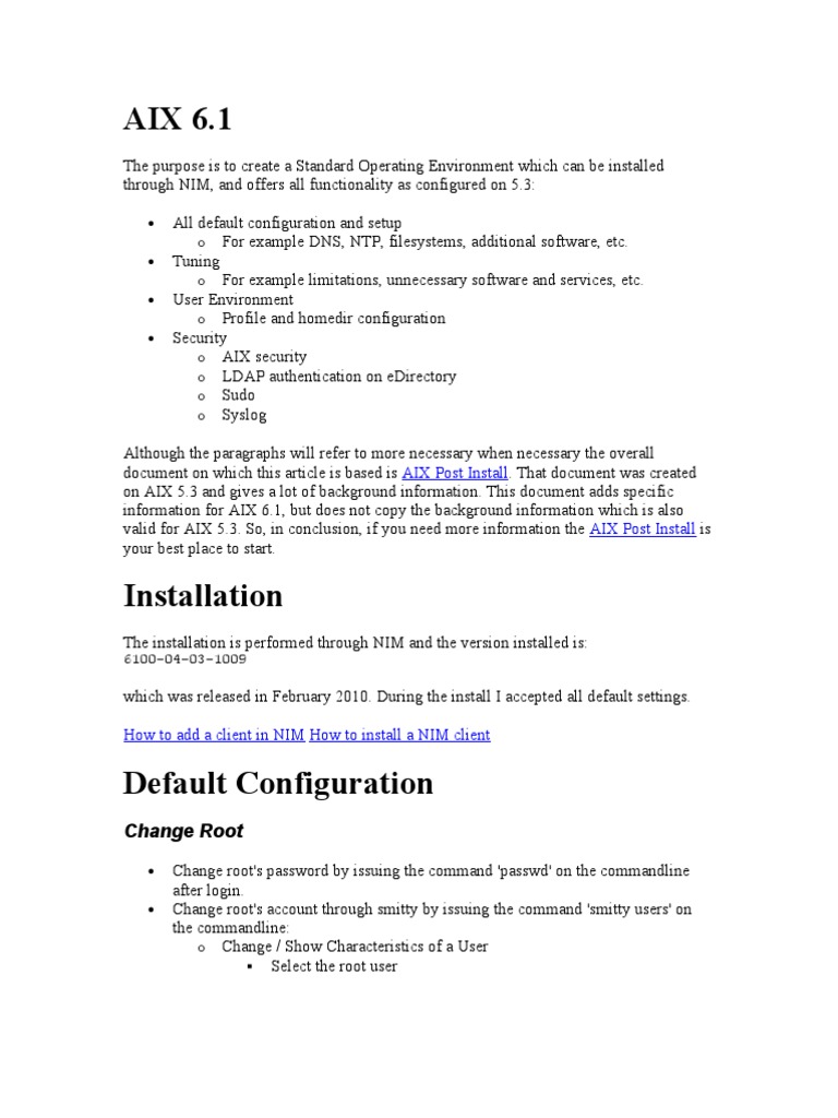AIX Post Install: o o o o o o o | PDF | Superuser | Secure Shell