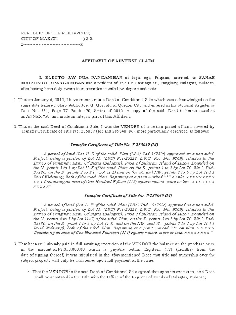 Adverse Claim Affidavit for Land Titles | PDF | Private Law ...