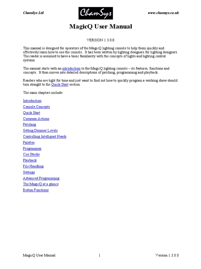 Magicq User Manual: Chamsys LTD WWW - Chamsys.Co - Uk | PDF | Command Line Interface | Trademark