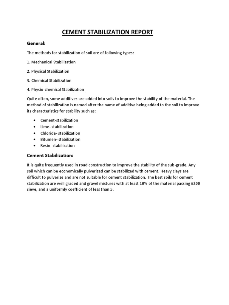 Cement Stabilization Report | PDF | Cement | Soil