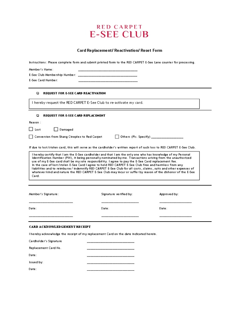 Card Replacement/ Reactivation/ Reset Form: I Hereby Request The RED ...