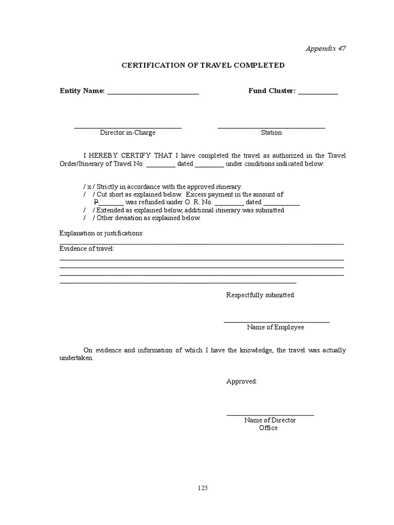 Certification of Travel Completed: Appendix 47 | PDF