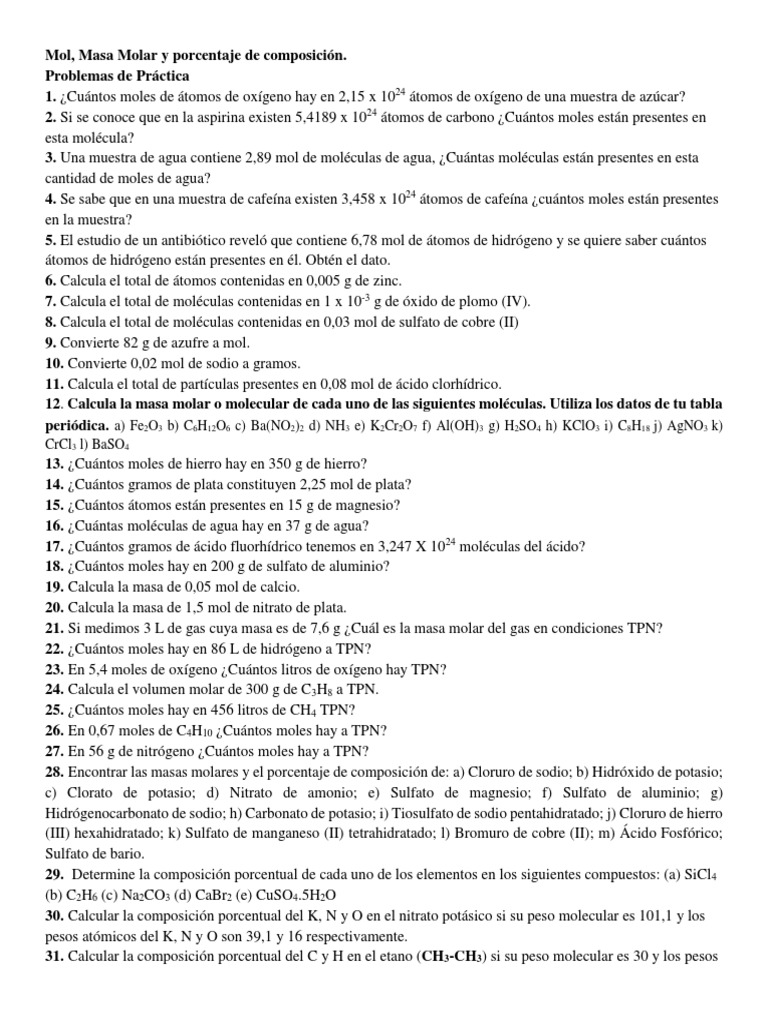 Mol, Masa Molar y Porcentaje de Composición. | PDF | Mole (Unidad ...