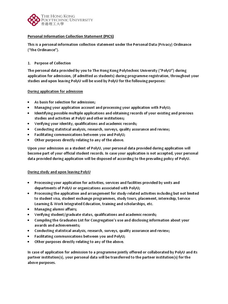 Personal Information Collection Statement (PICS) | PDF | Personally ...