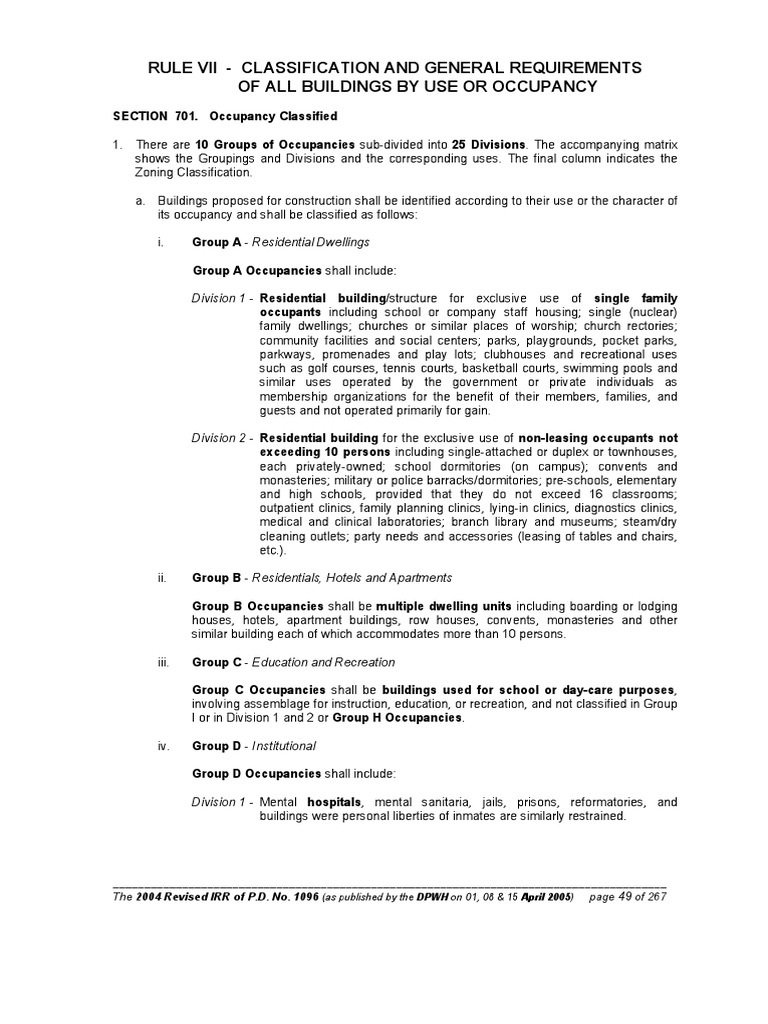 Rule Vii - Classification And General Requirements Of All Buildings By Use Or Occupancy ...